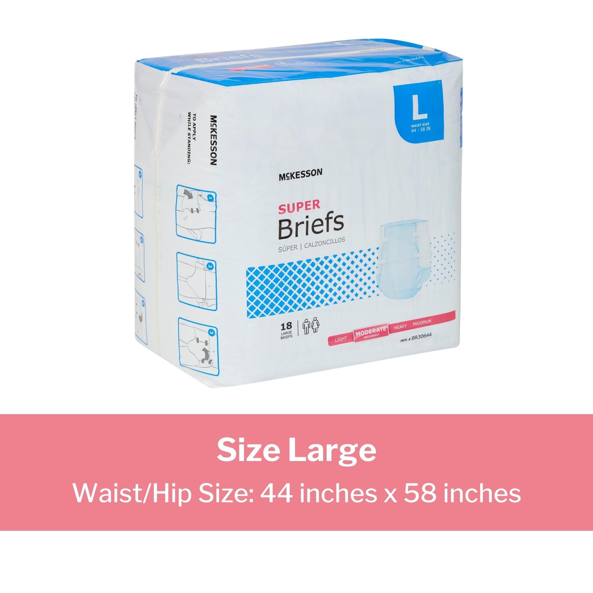 McKesson Super Briefs, Incontinence, Moderate Absorbency, Large, 18 Count, 4 Packs, 72 Total