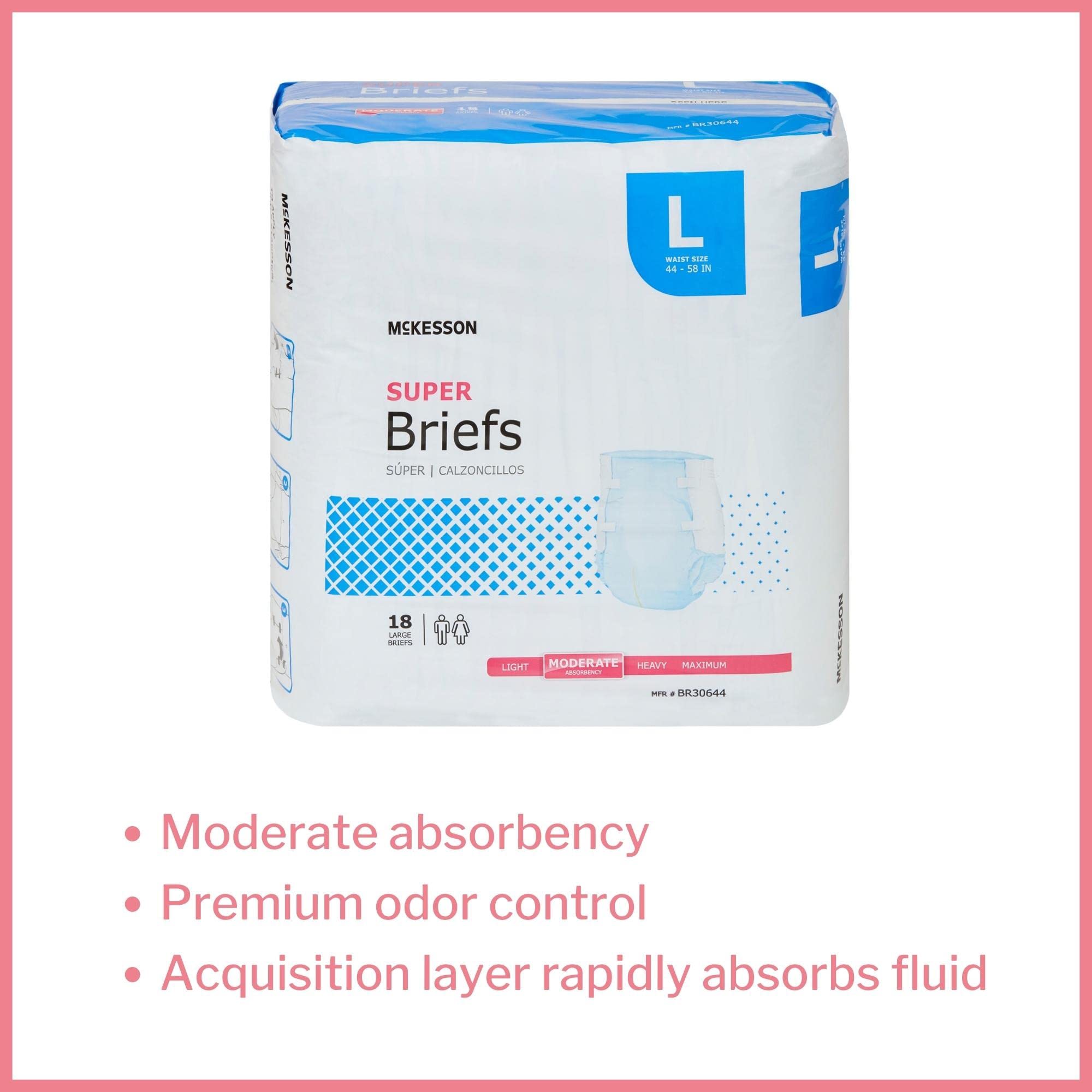 McKesson Super Briefs, Incontinence, Moderate Absorbency, Large, 18 Count, 4 Packs, 72 Total