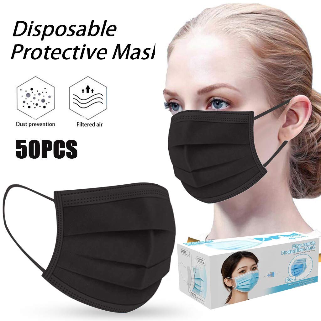 50 Pcs Disposable_Face with Elastic Earloop 3-ply Face Mouth Hygiene Protection Pads with Box, High Filtration and Ventilation Security (Black)