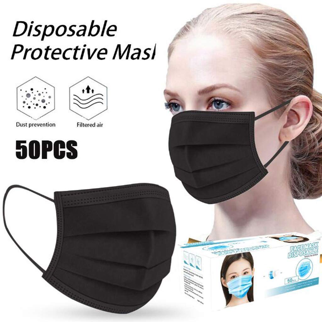 50 Pcs Disposable_Face with Elastic Earloop 3-ply Face Mouth Hygiene Protection Pads with Box, High Filtration and Ventilation Security (Black)