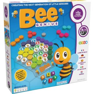 bee genius - award winner puzzle family board game for ages 3+ kids. 46,656 possible solutions to help the queen bee & worker bees build their honeycomb by filling in colored shapes!