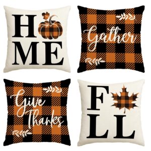 avoin colorlife home fall buffalo check plaid pumpkin maple leaf throw pillow cover, 18 x 18 inch autumn give thanks gather farmhouse cushion case for sofa couch set of 4