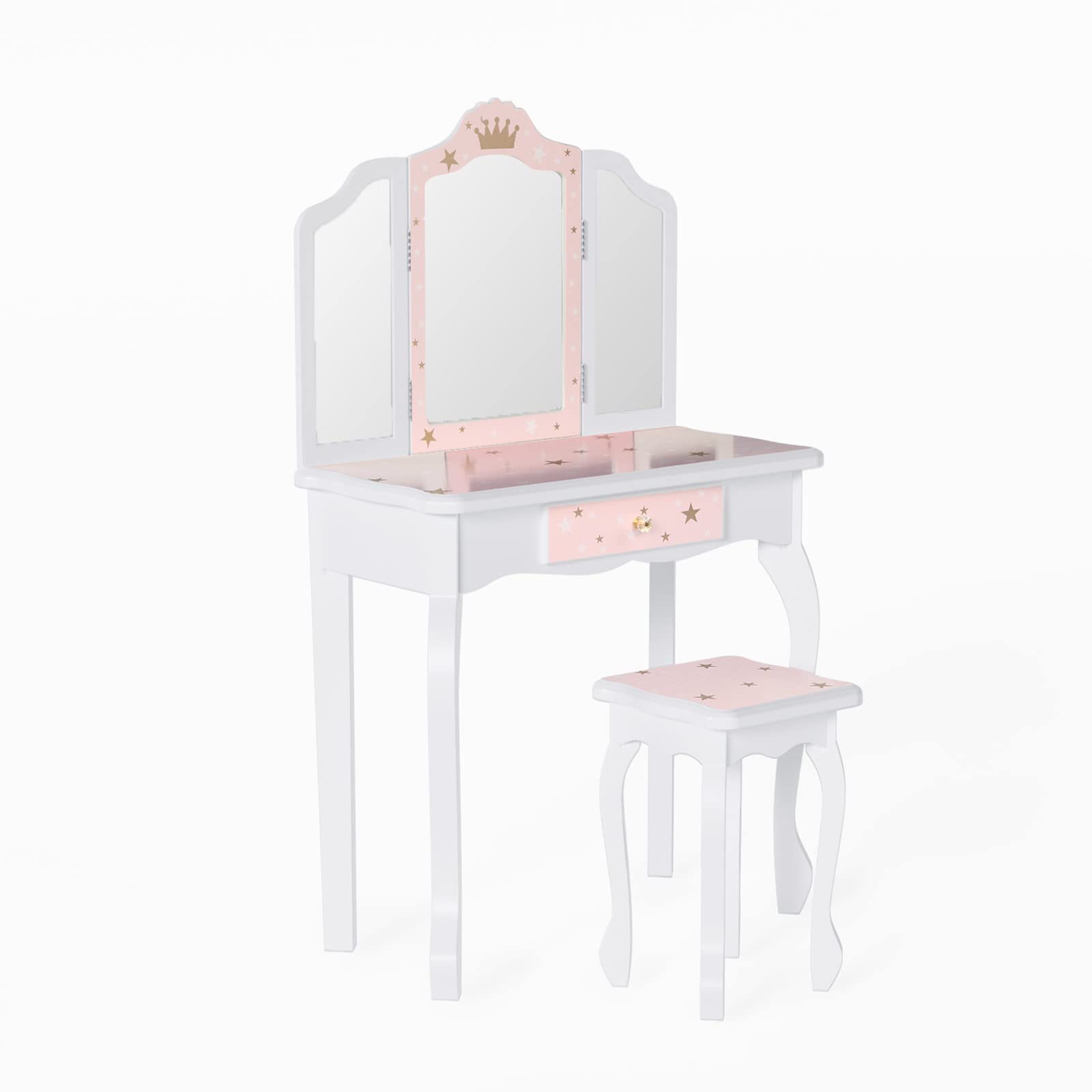 JOYMOR Kids Princess Vanity Table and Chair Set, Kids Vanity Set with Mirror, Makeup Dressing Table with Two 180° Folding Mirror for Girls Age 4-9