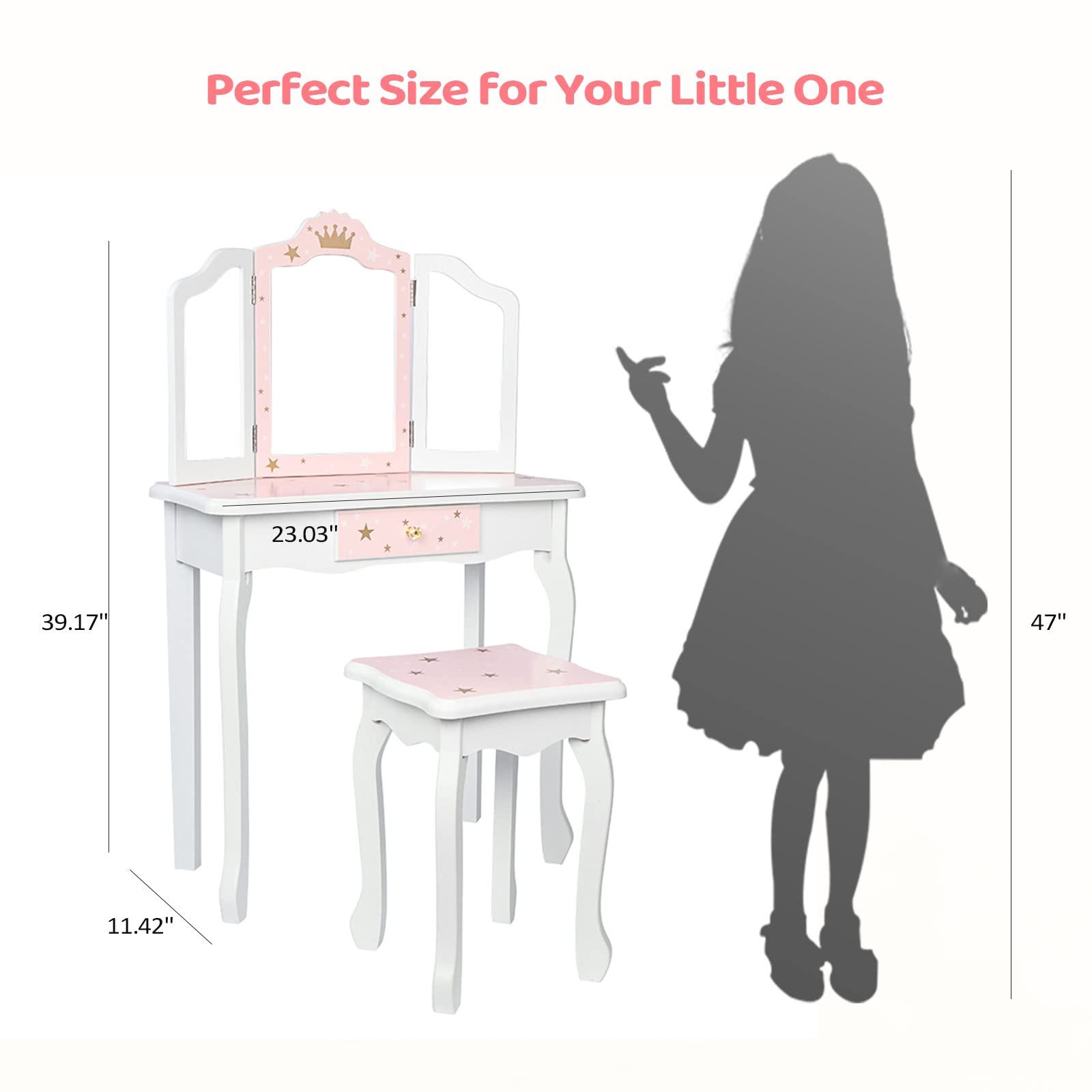 JOYMOR Kids Princess Vanity Table and Chair Set, Kids Vanity Set with Mirror, Makeup Dressing Table with Two 180° Folding Mirror for Girls Age 4-9