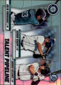 2020 bowman baseball chrome talent pipeline trios refractor #tp-sea jarred kelenic/julio rodriguez/aaron knapp seattle mariners official mlb trading card produced by topps