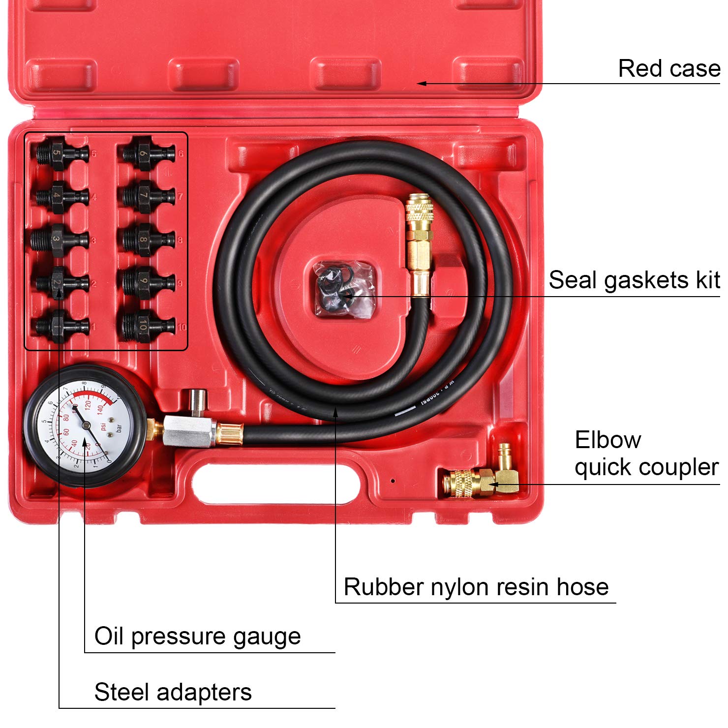 YSTOOL Oil Pressure Tester Kit Professional Oil Pressure Gauge Tool for Engine Diagnostic Test with Hose Adapters and Carry Case for Cars ATVs Trucks Use 0-140psi