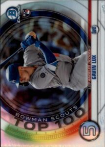 2020 bowman baseball chrome scouts top 100 refractor #btp-5 gavin lux los angeles dodgers official mlb trading card produced by topps