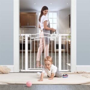 tokkidas 40.6"-29.5" auto close safety baby gate, dog gate, durable easy walk thru child gate for stairs, doorways, house, includes 2.75" & 5.5" extension, pressure mounted, no drilling, arched white