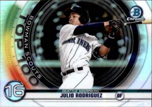 2020 bowman baseball chrome scouts top 100 refractor #btp-16 julio rodriguez seattle mariners official mlb trading card produced by topps