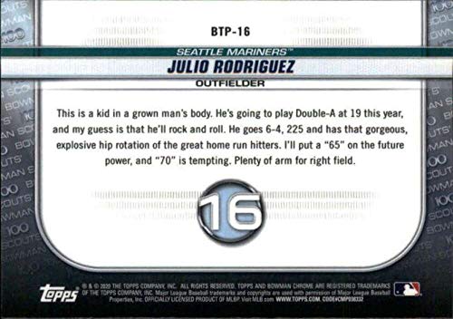 2020 Bowman Baseball Chrome Scouts Top 100 Refractor #BTP-16 Julio Rodriguez Seattle Mariners Official MLB Trading Card Produced by Topps