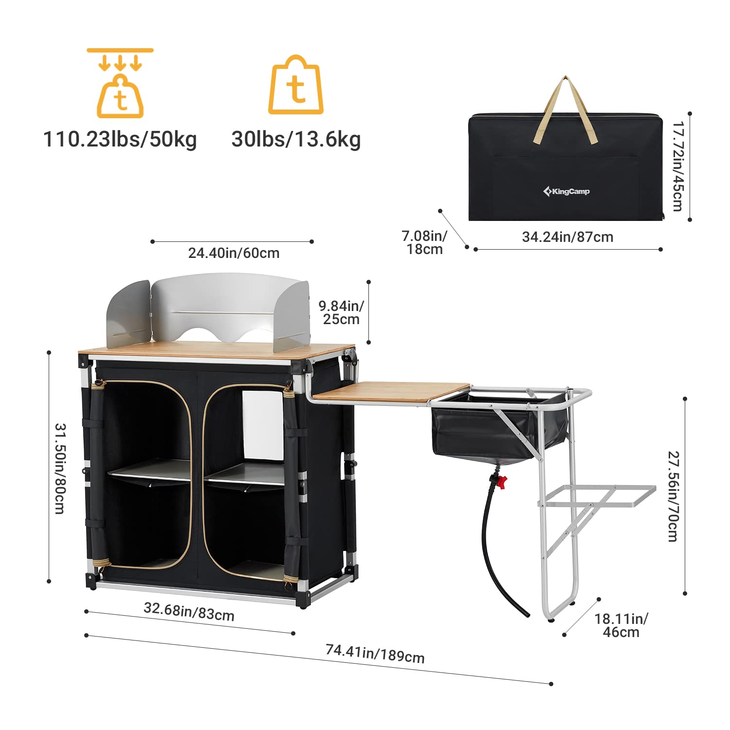 KingCamp Camping Kitchen Table with Windscreen, Camping Sink, Folding Side Table, Storage Organizer Portable Folding Camping Table Outdoor Kitchen Station for Camp BBQ Picnic Backyard