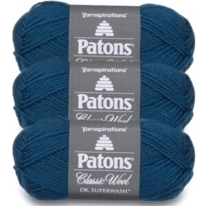 patons classic wool dk superwash yarn - gauge 3 light - 100% wool - (3-pack) - mallard teal - for crochet, knitting, and crafting