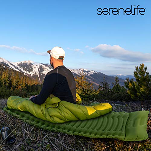 SereneLife Backpacking Air Mattress Sleeping Pad - Self Inflating Waterproof Lightweight Sleep Pad Inflatable Camping Sleeping Mat w/Carrying Bag - for Camping, Backpacking, Hiking SLCPG (Green)