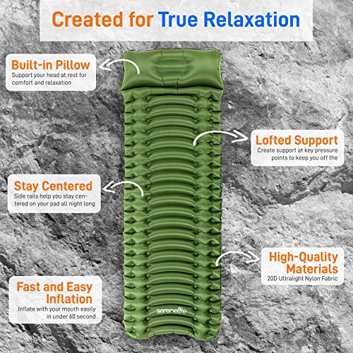 SereneLife Backpacking Air Mattress Sleeping Pad - Self Inflating Waterproof Lightweight Sleep Pad Inflatable Camping Sleeping Mat w/Carrying Bag - for Camping, Backpacking, Hiking SLCPG (Green)