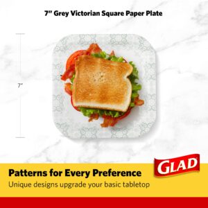 Glad Square Disposable Paper Plates with Gray Victorian Print|Soak /Cut-Proof, Microwaveable Heavy Duty, Disposable , 7 Inches, 50 Count|Square Party plates Bulk