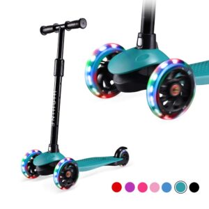 kids kick scooters for toddlers boys girls ages 2-5 years old, adjustable height, extra wide deck, light up wheels, easy to learn, 3 wheels scooters (green)