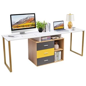 tangkula 87 inch 2-person desk with 3 storage drawers & shelves, large computer desk, multifunctional l-shaped desk writing desk computer workstation with spacious desktop, home office desk