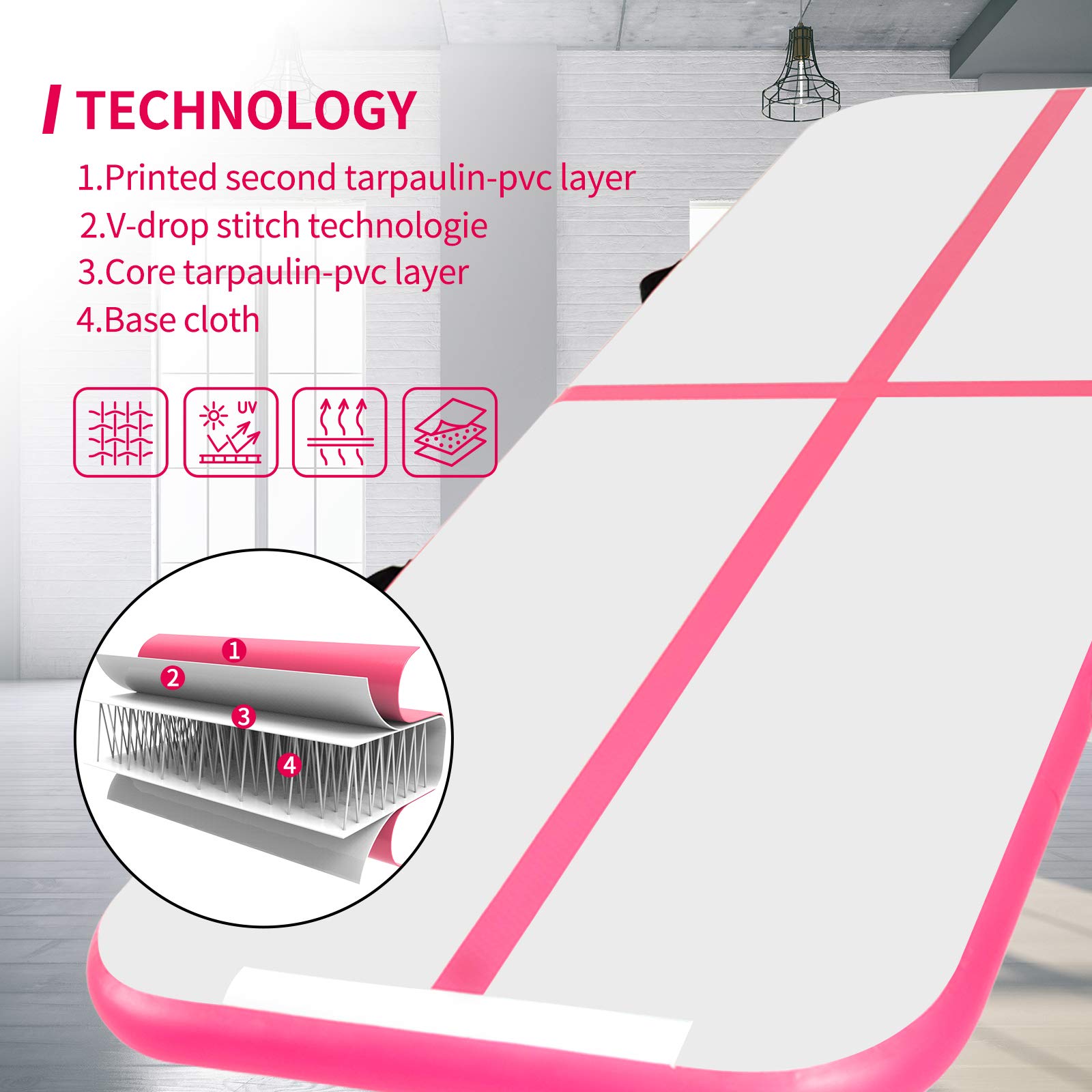 Murtisol 13ft Inflatable Gymnastics Training Mats, 4 Inch Thickness Tumbling Mats for Home Yoga,Training,Cheerleading,Yoga& Water Fun with Electric Pump (Pink)