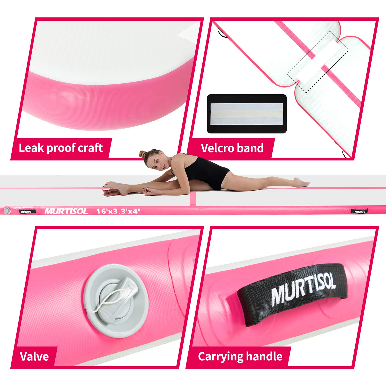 Murtisol 13ft Inflatable Gymnastics Training Mats, 4 Inch Thickness Tumbling Mats for Home Yoga,Training,Cheerleading,Yoga& Water Fun with Electric Pump (Pink)