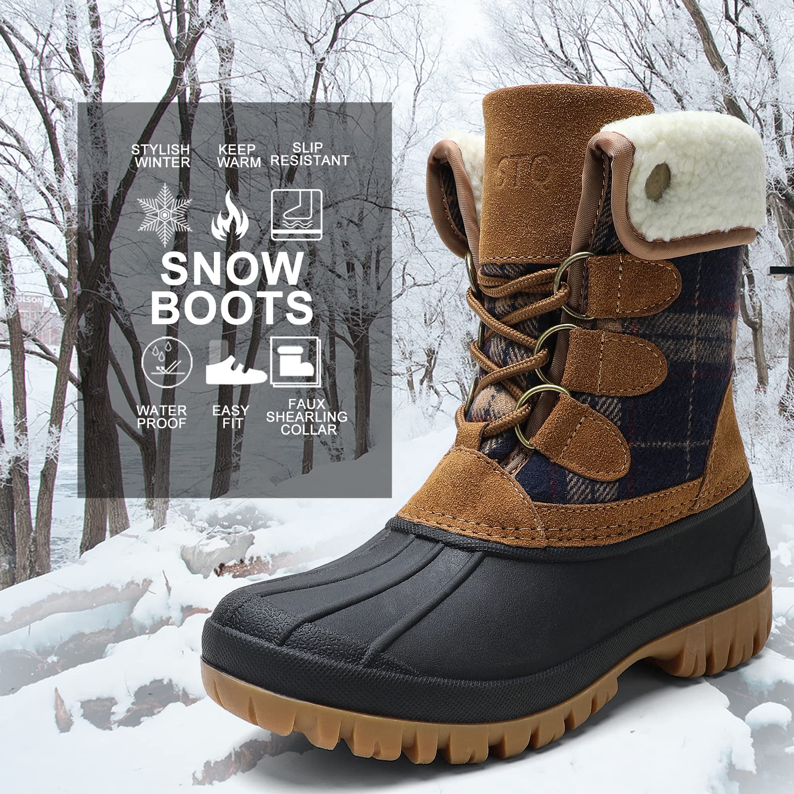 STQ Womens Insulated Winter Snow Boots Waterpoof Duck Boots Navy/Tan 9 M