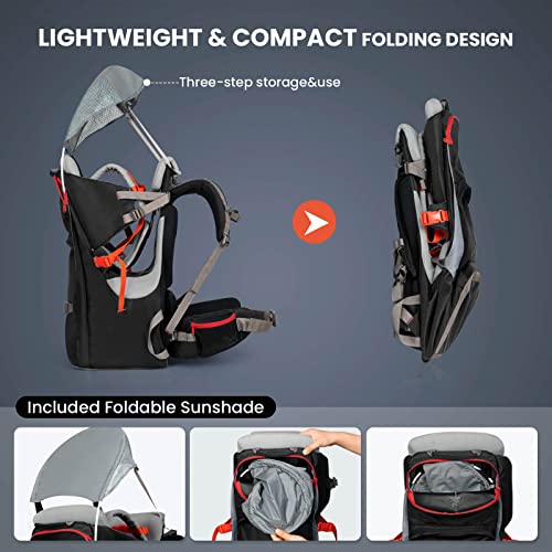 WIPHA Baby Backpack Carrier, Ergonomic Child Carrier Hiking with Sun Canopy, Safe Toddler Hiking Backpack Carrier with Large Storage Space&Insulated Pocket, Adjustable Padded Child Seat, Black