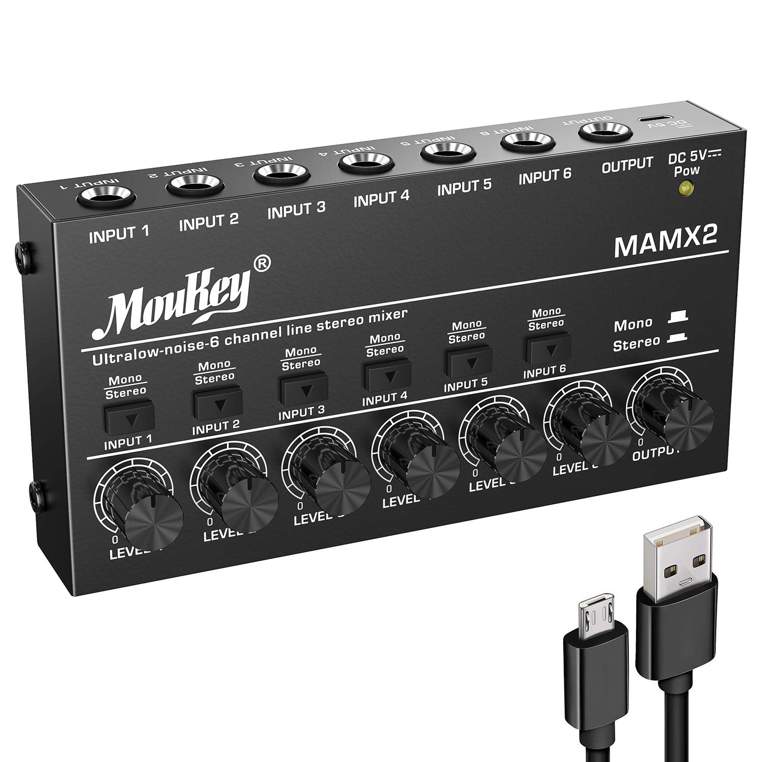 Moukey Audio Mixer Line Mixer, DC 5V, 6-Stereo Ultra, Low-Noise 6-Channel for Sub-Mixing, for Small Clubs or Bars, As Guitars, Bass, Keyboards Mixer, 2021 New Version-MAMX2