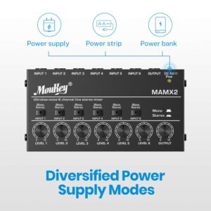 Moukey Audio Mixer Line Mixer, DC 5V, 6-Stereo Ultra, Low-Noise 6-Channel for Sub-Mixing, for Small Clubs or Bars, As Guitars, Bass, Keyboards Mixer, 2021 New Version-MAMX2