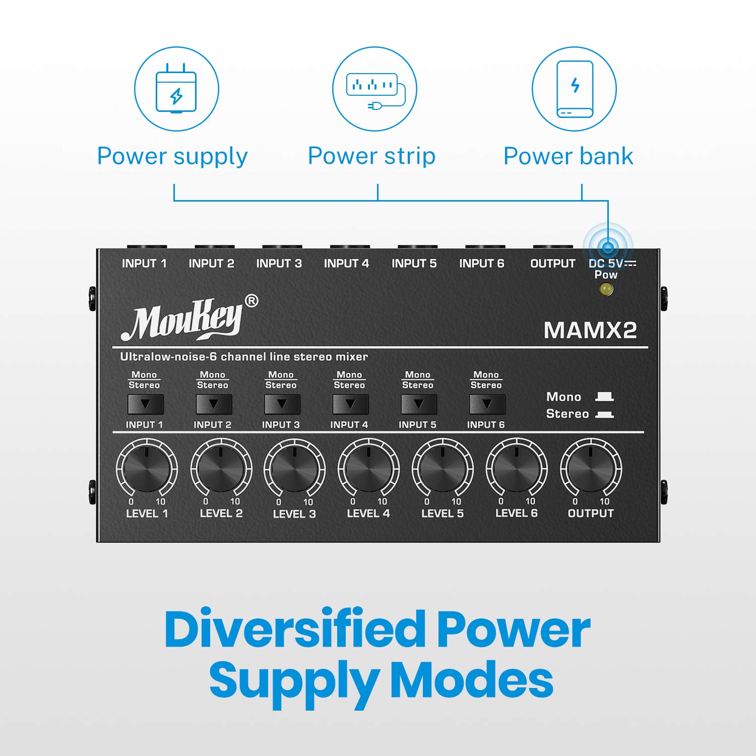 Moukey Audio Mixer Line Mixer, DC 5V, 6-Stereo Ultra, Low-Noise 6-Channel for Sub-Mixing, for Small Clubs or Bars, As Guitars, Bass, Keyboards Mixer, 2021 New Version-MAMX2