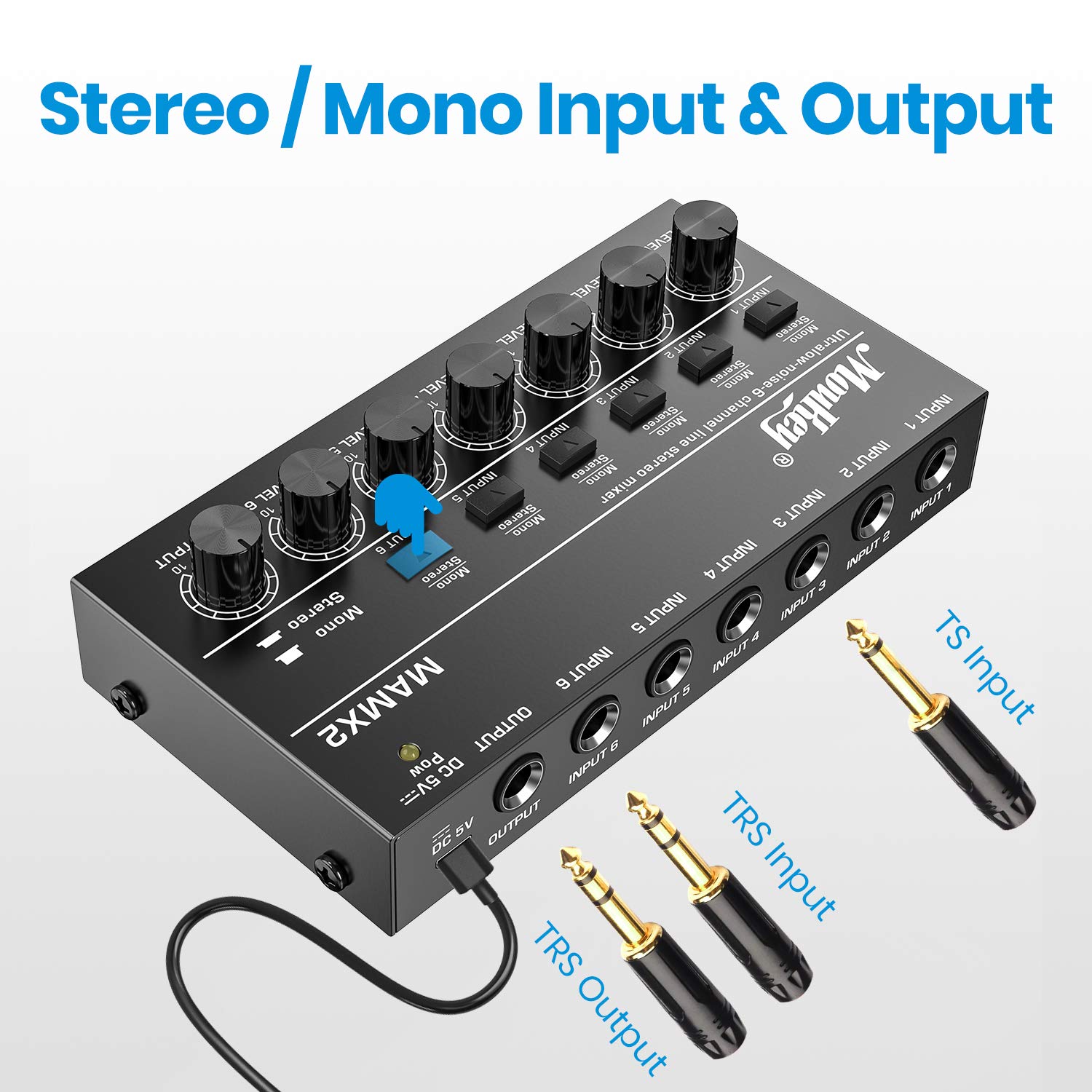 Moukey Audio Mixer Line Mixer, DC 5V, 6-Stereo Ultra, Low-Noise 6-Channel for Sub-Mixing, for Small Clubs or Bars, As Guitars, Bass, Keyboards Mixer, 2021 New Version-MAMX2