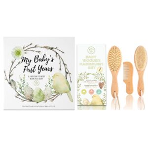 baby memory book & baby natural goat hair brush bundle - newborn baby shower set for baby boy & girl - natural & newborn safe - keepsake journal book for newborn babies