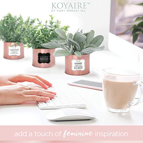 KOYAIRE 3 Motivational Faux Plants for Desk - Rose Gold Decor for Office - Small Home Office Accessories - Desk Decorations - Pink Office Gifts