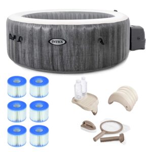 intex 28439e greywood deluxe 4 person inflatable spa/hot tub w/ led light & 3 pack type s1 pool filter cartridges w/ attachable cup holder and refreshment tray & inflatable headrest & maintenance kit