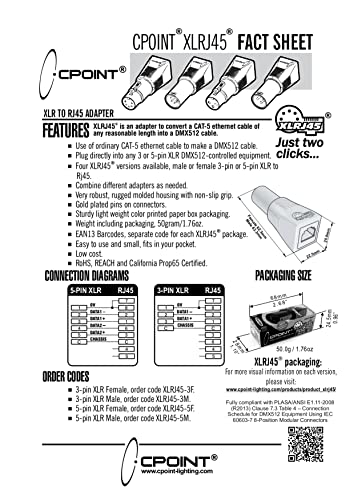 SIRS-E 2-Pack - CPoint XLR RJ45 Adapter CAT-5 Ethernet to DMX512 Cable Converter, Male 3-Pin, XLRJ45-3M