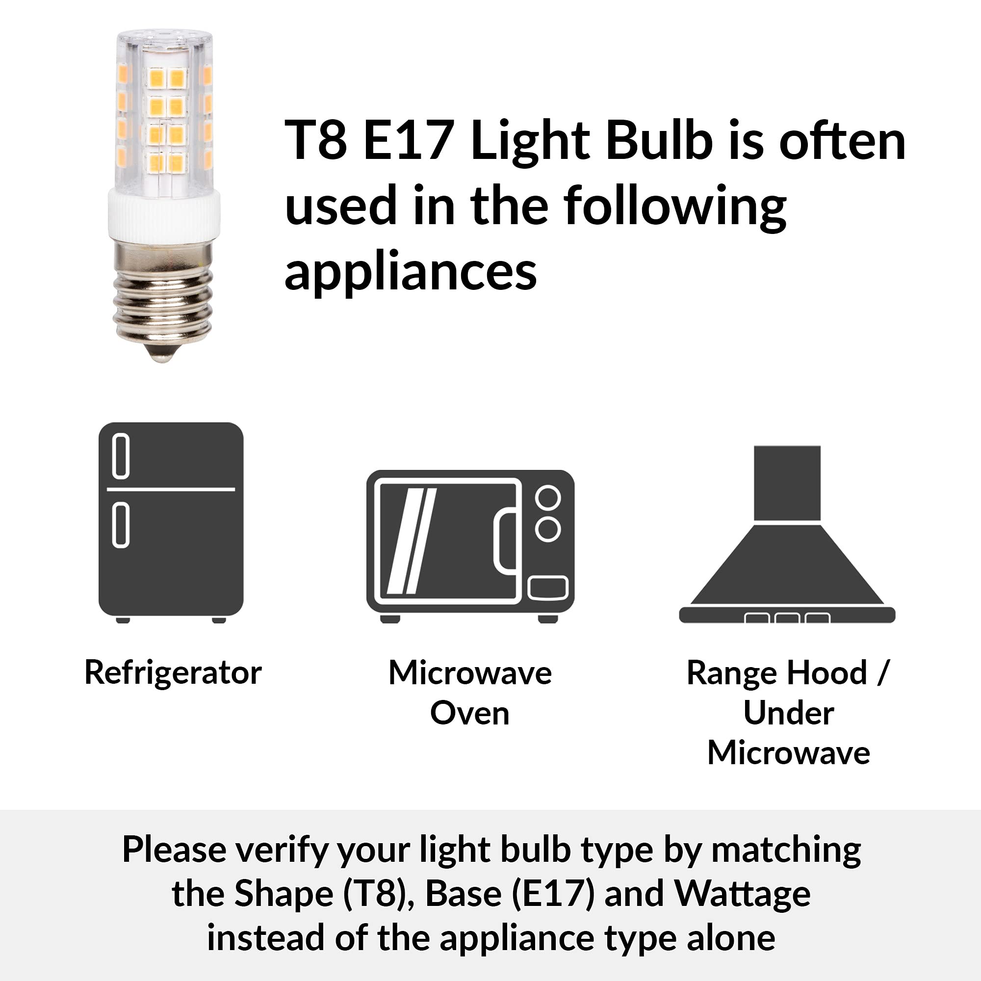 Simba Lighting LED E17 Microwave Appliance Light Bulb (2 Pack) 4W T8 40W Incandescent Replacement for Under Hood, Stove Top, Range, 120V, Intermediate Screw Base, Non-Dimmable, 3000K Soft White