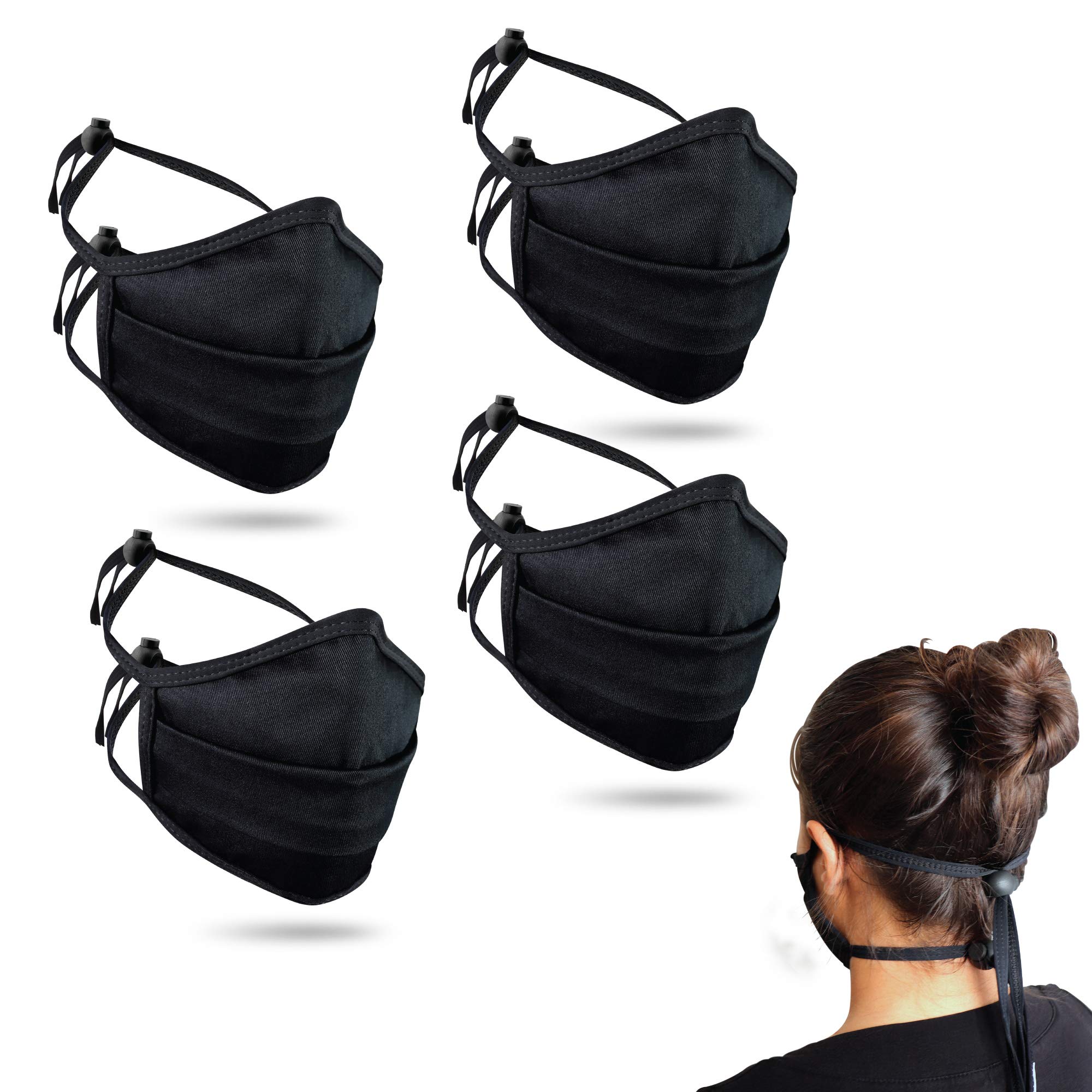 PURIAN Face Mask, Tie Behind Head Straps, Cord Locks, Dust Mask for Travel, Industrial, Work, Comfort, Black | 4 Pack