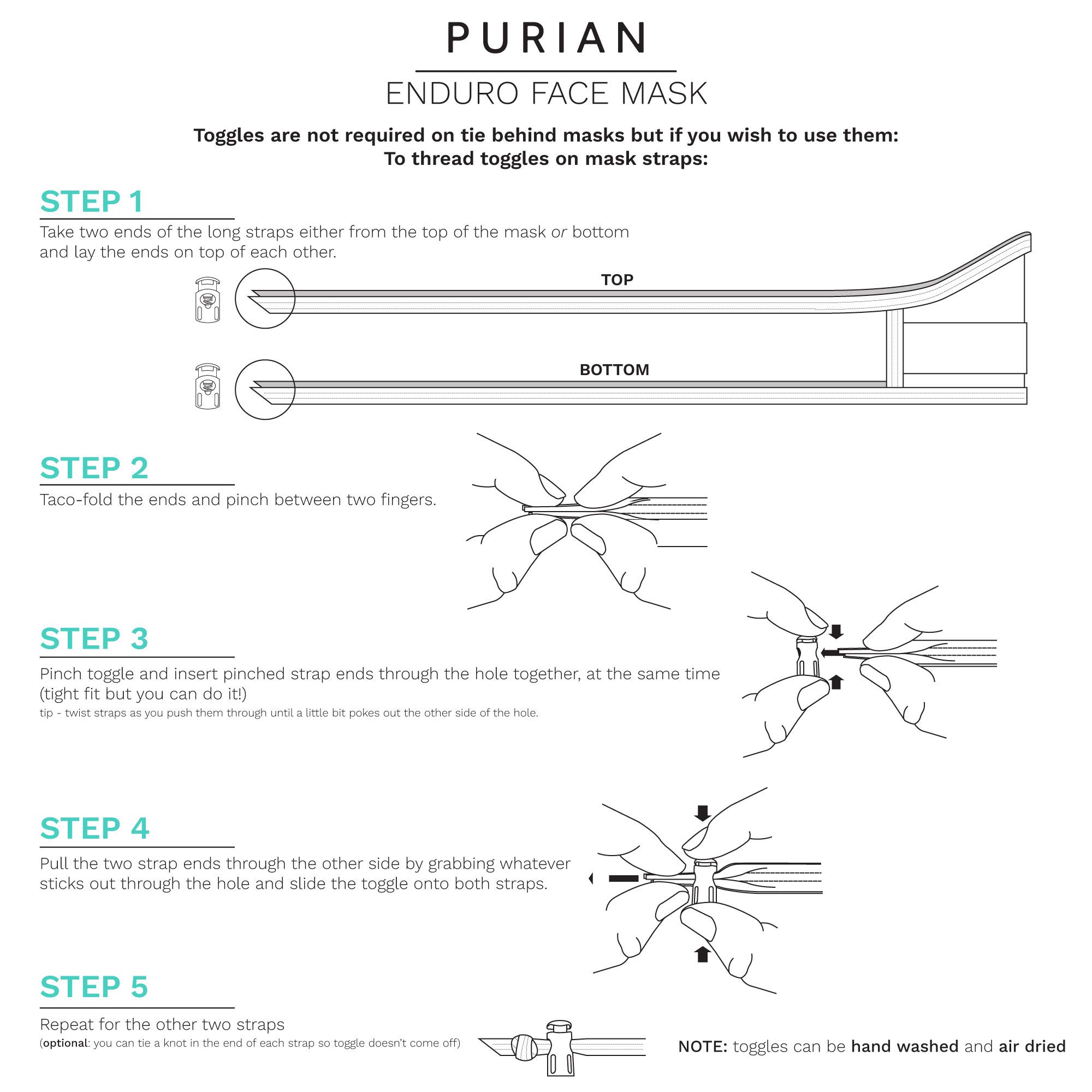 PURIAN Face Mask, Tie Behind Head Straps, Cord Locks, Dust Mask for Travel, Industrial, Work, Comfort, Black | 4 Pack