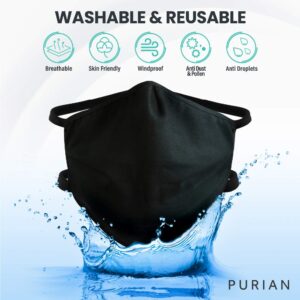 PURIAN Face Mask, Tie Behind Head Straps, Cord Locks, Dust Mask for Travel, Industrial, Work, Comfort, Black | 4 Pack