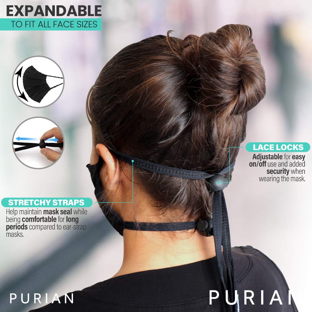 PURIAN Face Mask, Tie Behind Head Straps, Cord Locks, Dust Mask for Travel, Industrial, Work, Comfort, Black | 4 Pack