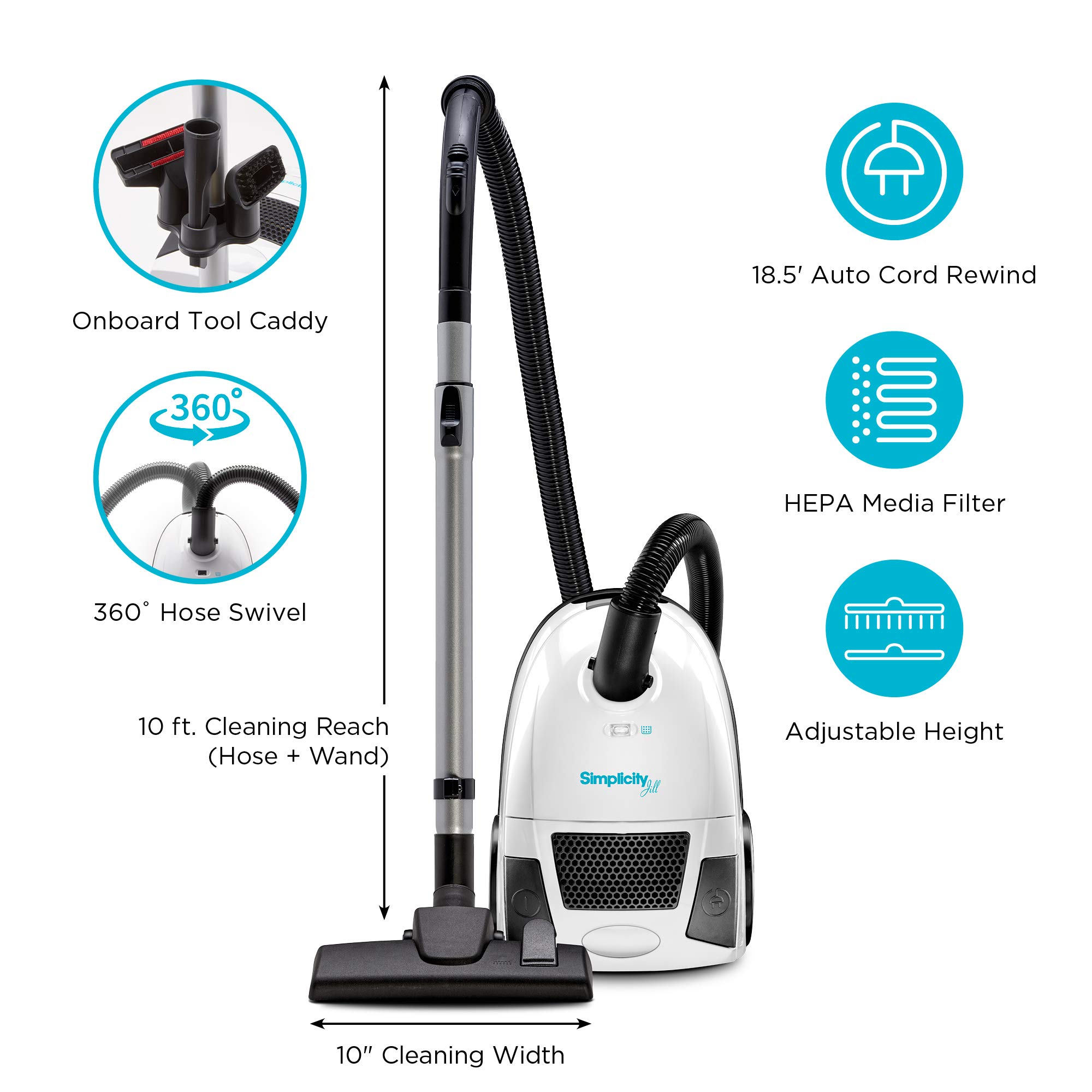 Simplicity Vacuums Jill Canister Vacuum Cleaner, Hardwood Floor Vacuum with Dual-Certified HEPA Vacuum Filter and Bag, Small and Compact Stair Vacuum, Jill.12