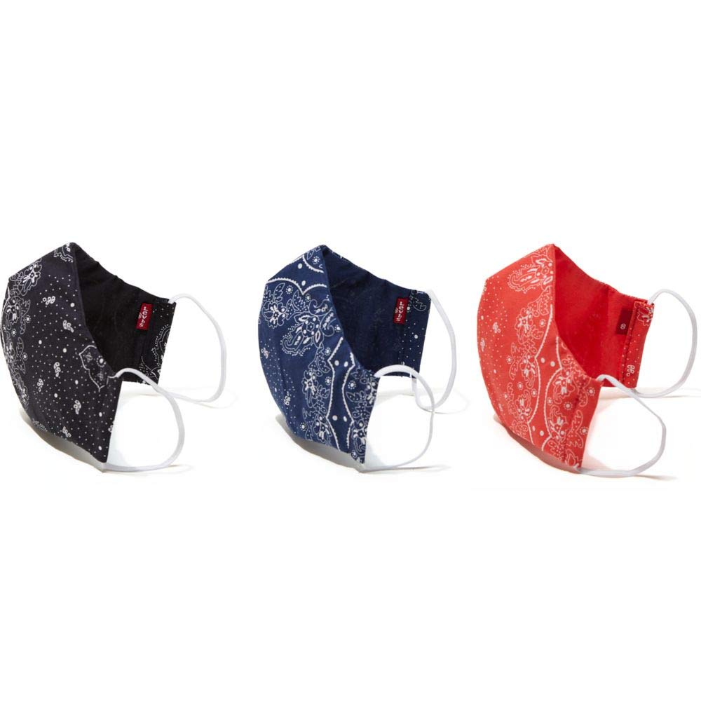 Levi's Re-Usable Bandana Print Reversible Face Mask (Pack of 3), Small, Dress Blues/Caviar/Poppy Red