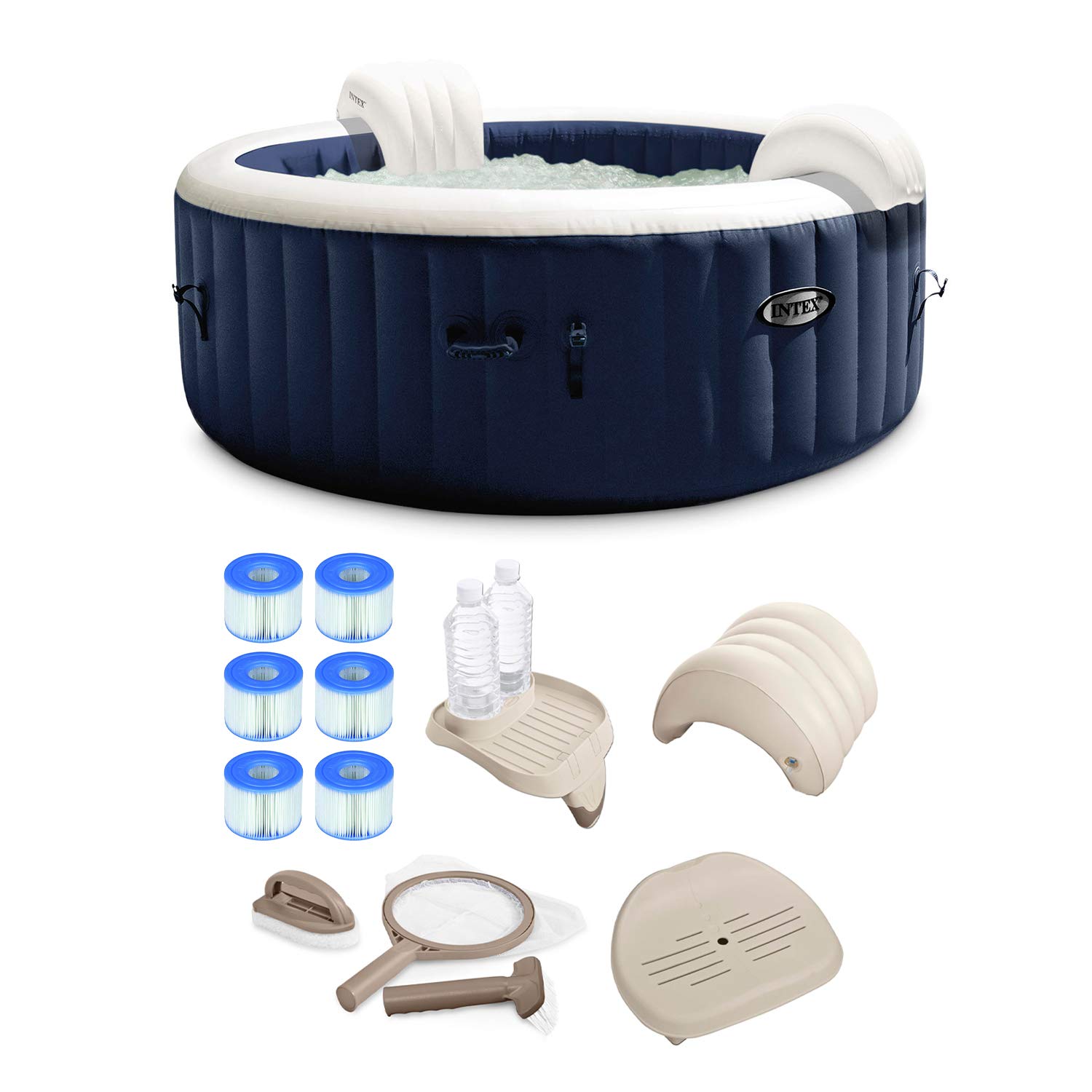 Intex PureSpa Plus 4 Person Portable Inflatable Hot Tub Bubble Jet Spa Kit, Navy