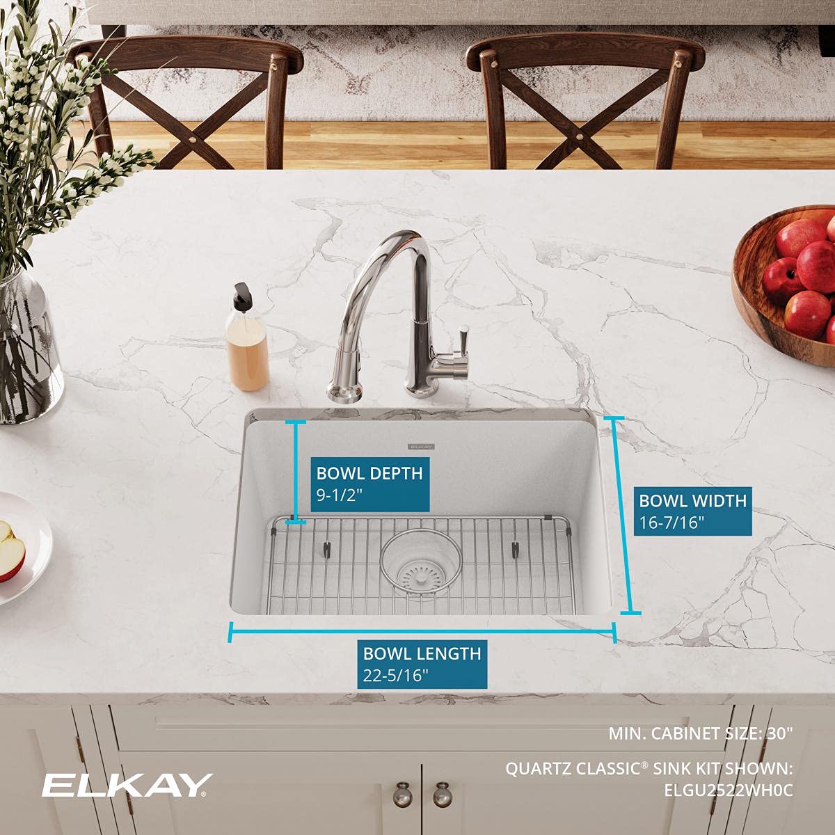 Elkay Quartz Classic ELGU2522WH0C 24-5/8" x 18-1/2" x 9-1/2", Single Bowl Undermount Sink Kit, White