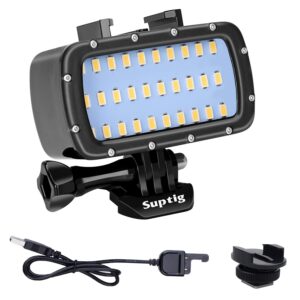 suptig 30 led video light waterproof light underwater light for gopro hero 12,11,10, 9, 8, 7, 6, 5, 4, 3,2, dji osmo, akaso and canon nikon sony olympus slr cameras waterproof 180ft(55m)