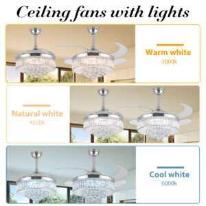 Panghuhu88 42" Invisible Ceiling Fan Chandelier Light,Modern Crystal Ceiling Fan Light Remote Control 4 Retractable ABS Blades for Bedroom Living Room Dining Room Decoration