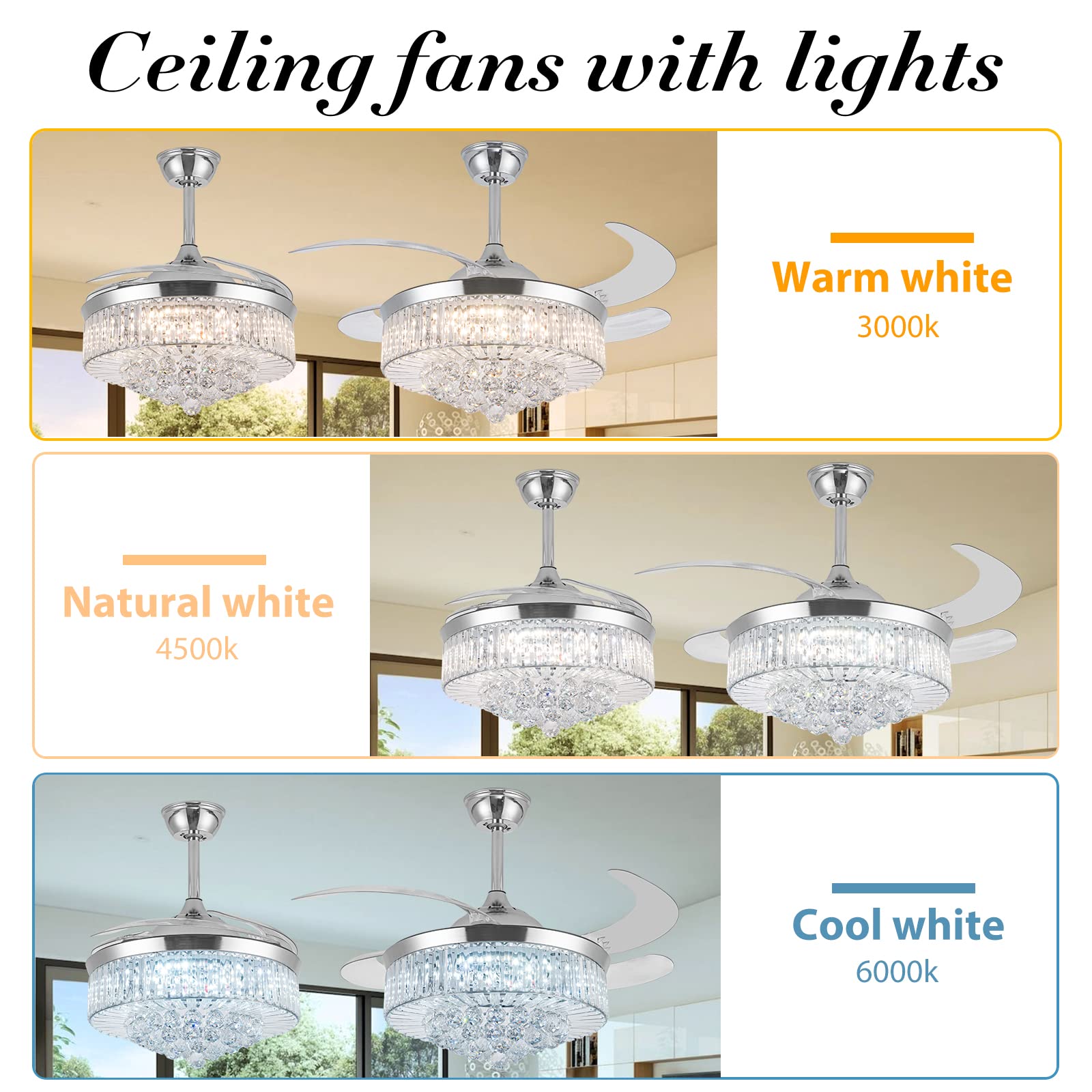 Panghuhu88 42" Invisible Ceiling Fan Chandelier Light,Modern Crystal Ceiling Fan Light Remote Control 4 Retractable ABS Blades for Bedroom Living Room Dining Room Decoration