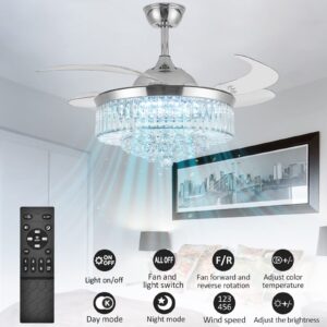 Panghuhu88 42" Invisible Ceiling Fan Chandelier Light,Modern Crystal Ceiling Fan Light Remote Control 4 Retractable ABS Blades for Bedroom Living Room Dining Room Decoration