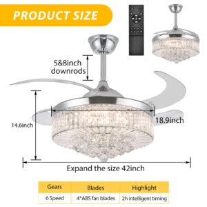 Panghuhu88 42" Invisible Ceiling Fan Chandelier Light,Modern Crystal Ceiling Fan Light Remote Control 4 Retractable ABS Blades for Bedroom Living Room Dining Room Decoration