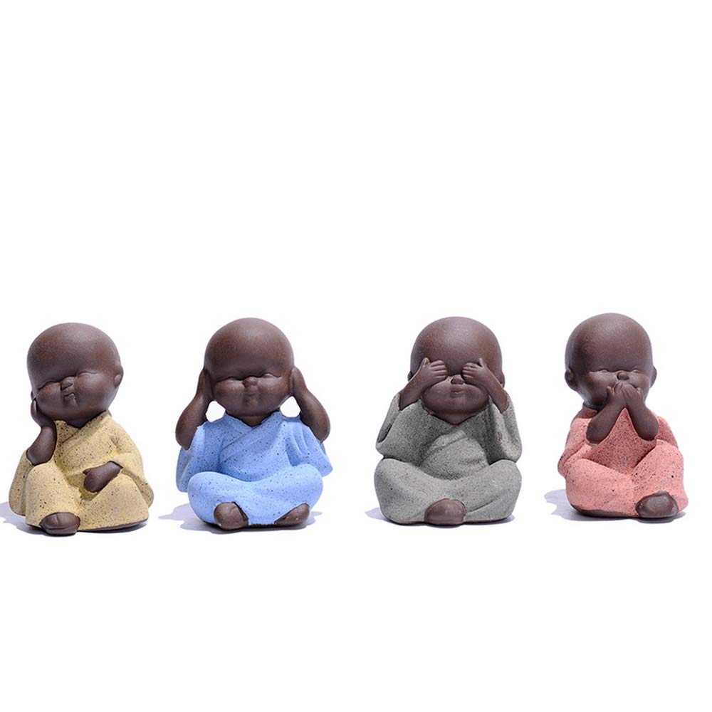 KJYHXX 4PCS Cute Small Ceramic Monk Statues Tea Pet Office Desktop Mini Statue Home Garden Flower Pot Decoration Crafts Gifts (Brown)