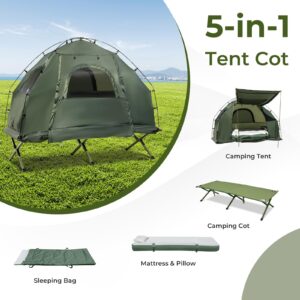 GYMAX Tent Cot, 5-in-1 Folding Camping Cot with Mattress & Pillows, Sleeping Bags, Sunshade, Camping Tent Elevated with Carrying Bag for Outdoor Hiking, Fishing, Picnic (2-Person-Original)