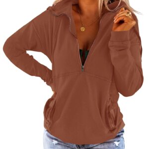 Peacameo Women's Lapel Zipper Sweatshirts Long Sleeve Loose Drawstring Pullover Tops with Pockets Army Green